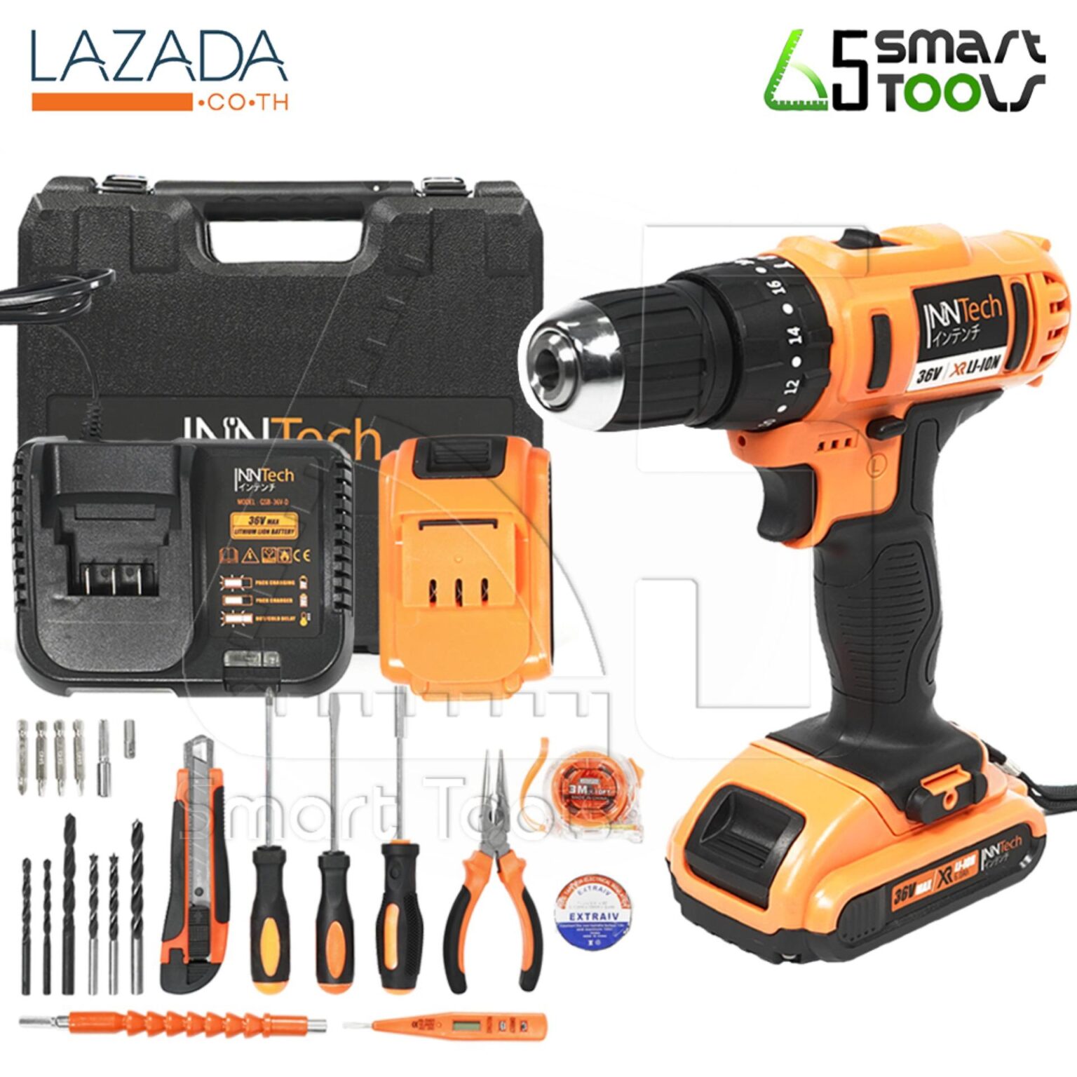 InnTech สว่านไร้สาย 3 ระบบ 36V มีระบบกระแทก รุ่นใหม่ GSB-36V-D พร้อมแบตเตอรี่ Li-ion 2 ก้อน แท่น ...
